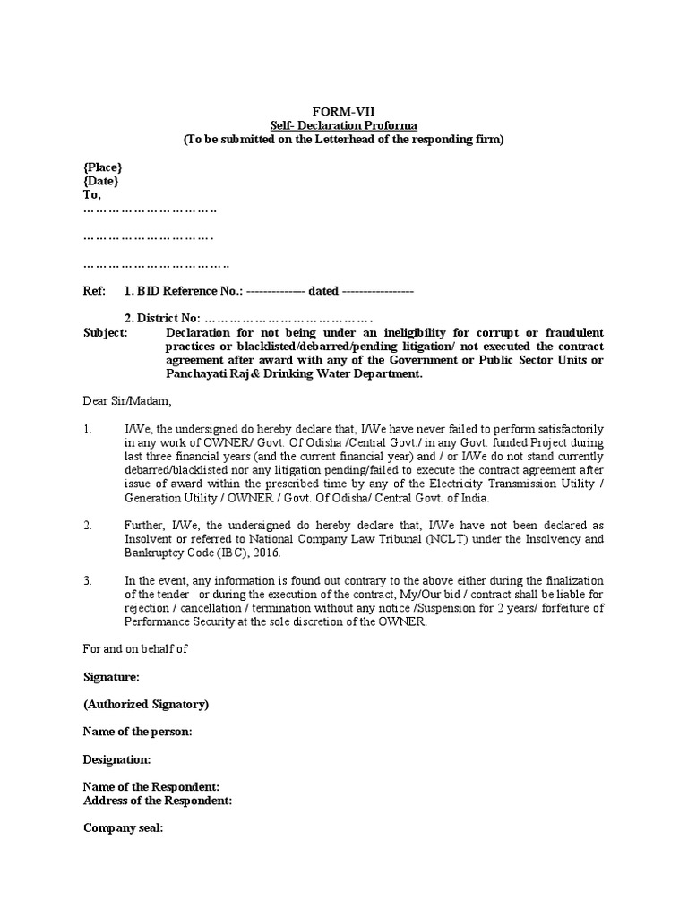 FORM-VII (Self- Declaration Proforma) | PDF