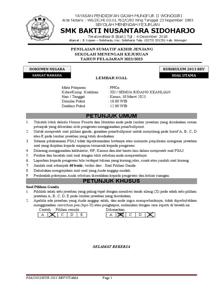 Soal Psaj PPKN 2023 | PDF