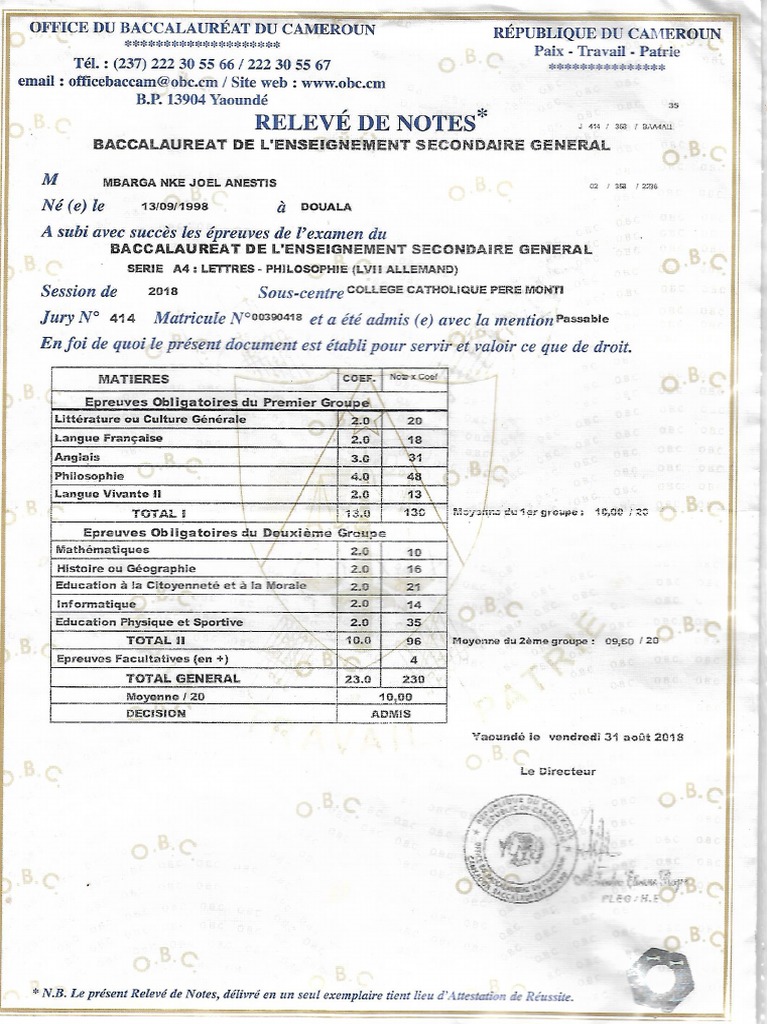 Relevé de Notes Bacc | PDF
