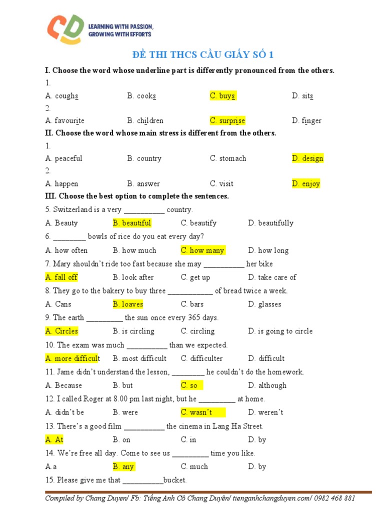 ĐỀ THI THCS CẦU GIẤY SỐ 1-KEY | PDF