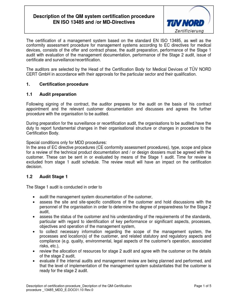 Decription of The QM-Certification Procedure 13485 MDD E | PDF | Audit ...