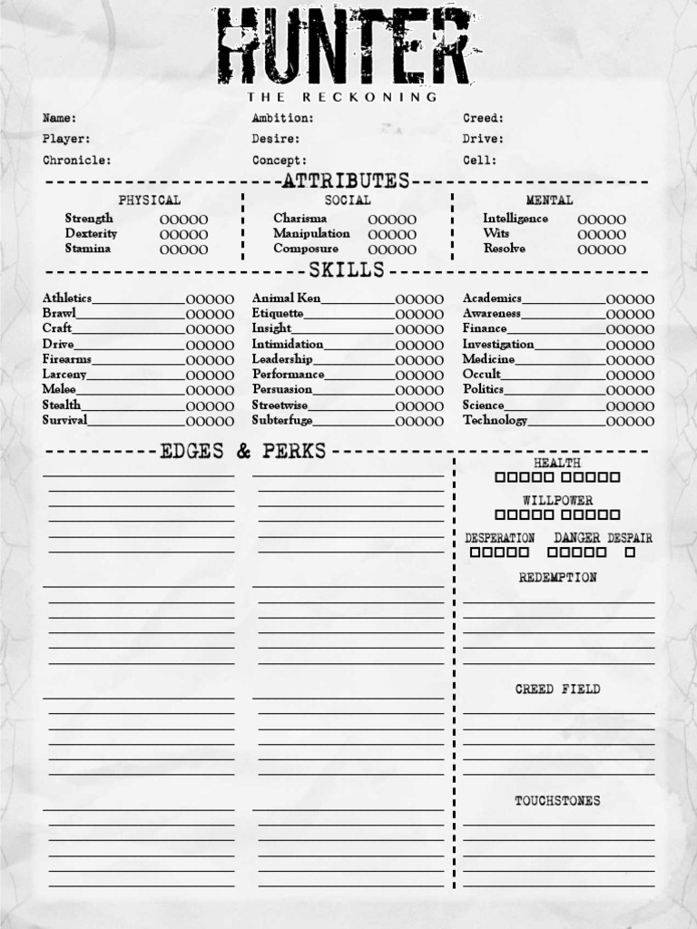 Hunter: The Reckoning 5E Character Sheet | PDF | Psychology | Cognitive ...