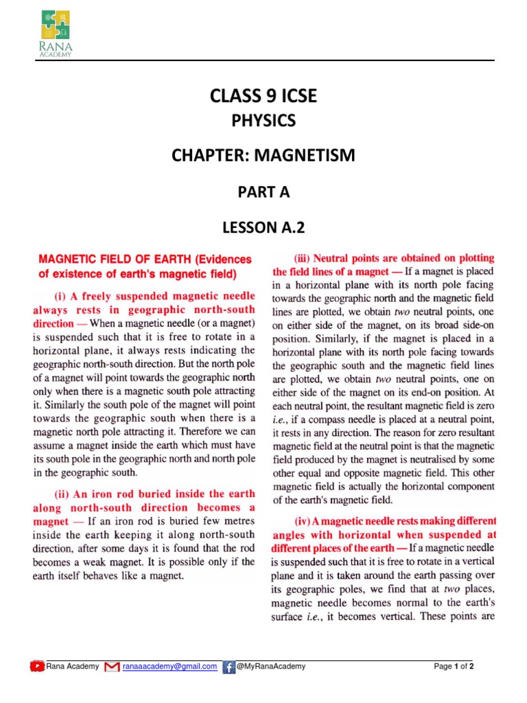 CLASS 9 ICSE - MAGNETISM- A.2 | PDF