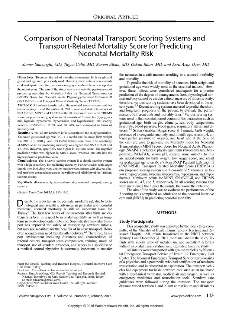 Comparison of Neonatal Transport Scoring Systems and Transport-Related ...