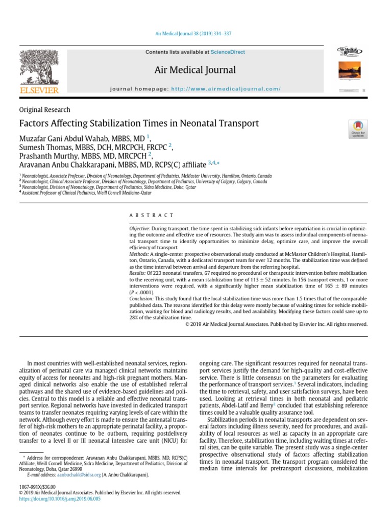 Factors Affecting Stabilization Times in Neonatal Transport | PDF | Neonatology | Neonatal ...