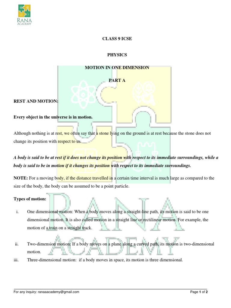 Class 9 Icse - Motion in One Dimension - Part A - Rest and Motion | PDF ... Class 9 Icse - Motion in One Dimension - Part A - Rest and Motion | PDF ...