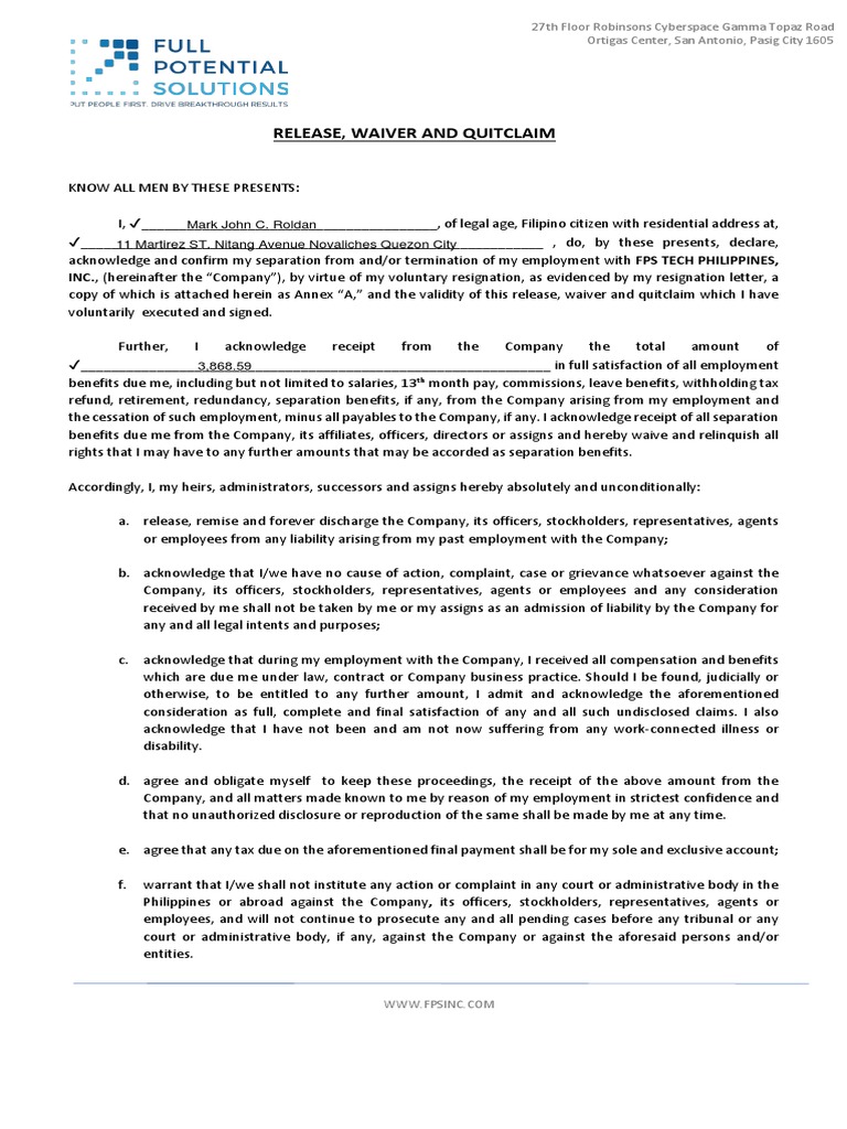 000 Fps Quit Claim Letter - Final Pay | PDF | Employment | Signature