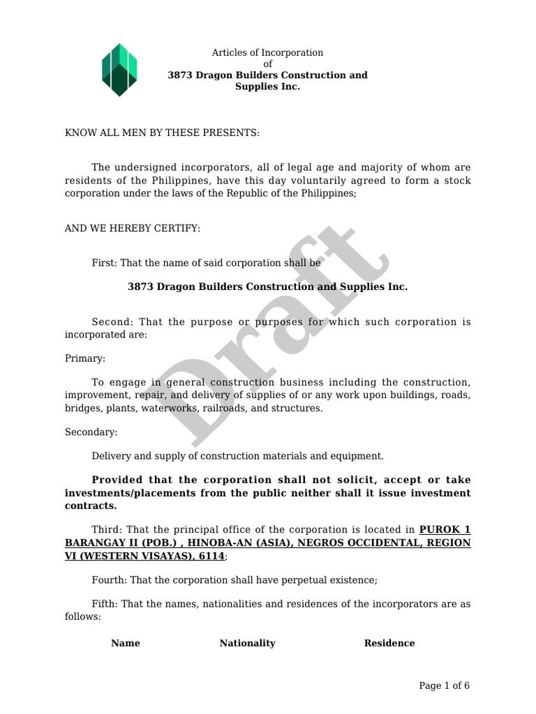 Articles of Incorporation-Stock Corp | PDF | Corporations | Private Law