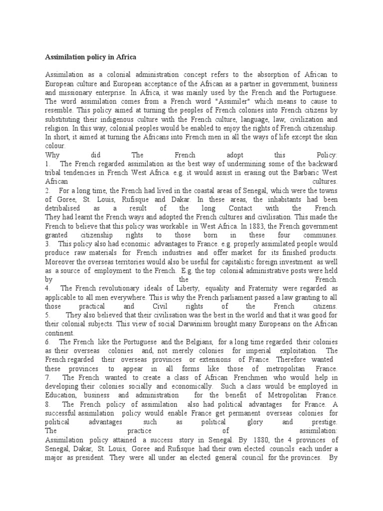 Assimilation Policy in Africa | Download Free PDF | Citizenship | France