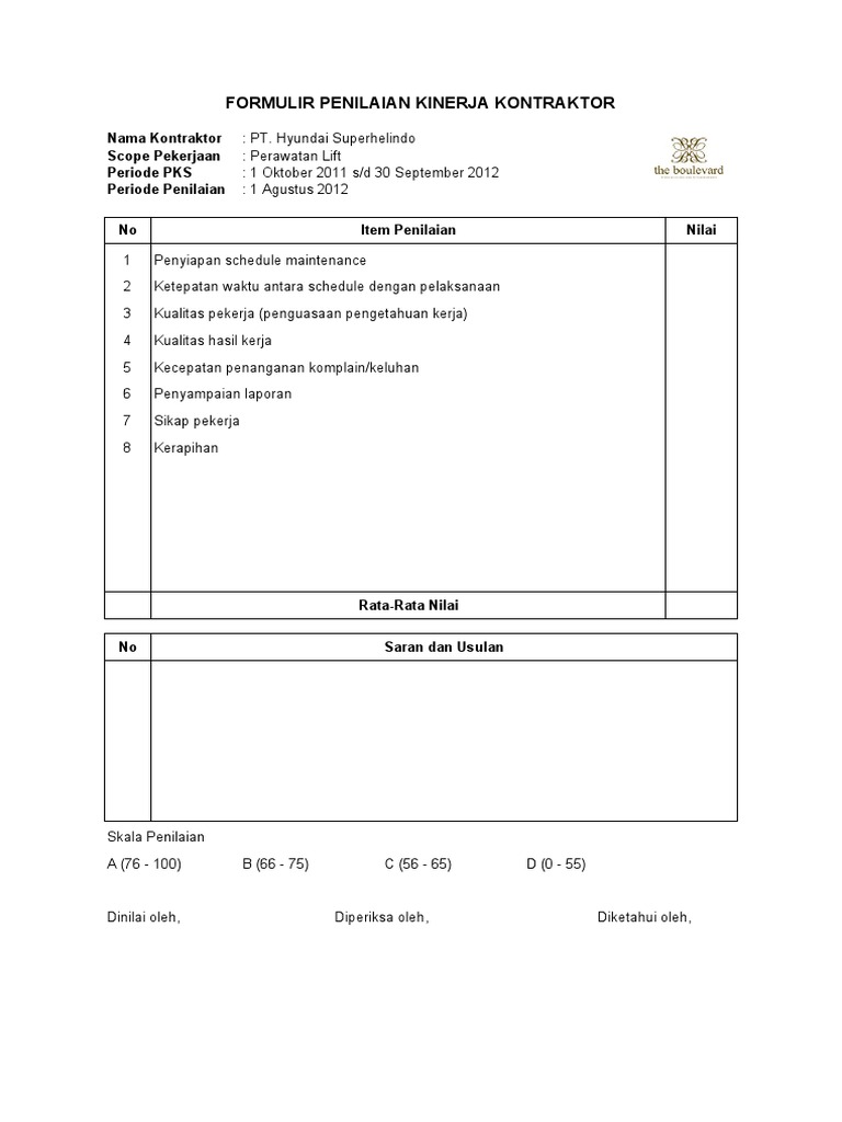 Formulir Penilaian Kinerja Kontraktor | PDF