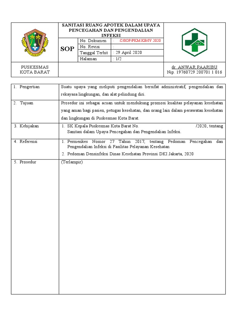 SOP Sanitasi Ruang Apotek dalam Upaya Pencegahan dan Pengendalian Infeksi (Fix) | PDF