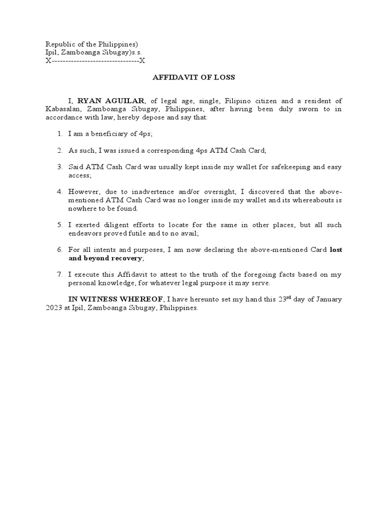 Affidavit of Loss - 4ps Card | PDF