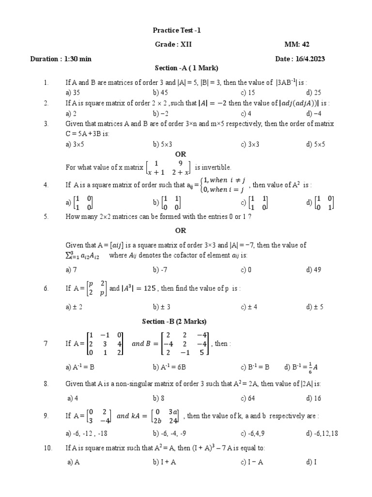 Test-1 (Matrix and Derterminat and Derivative) | PDF | Matrix ...