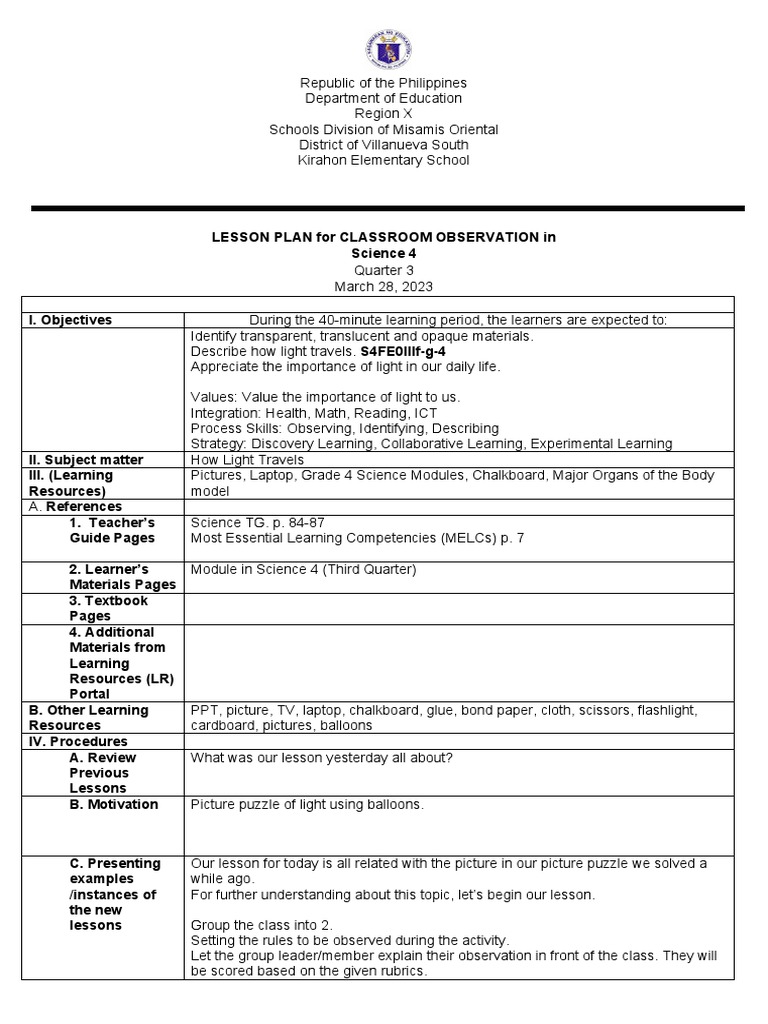 Lesson Plan On How Light Travels | PDF | Learning | Light
