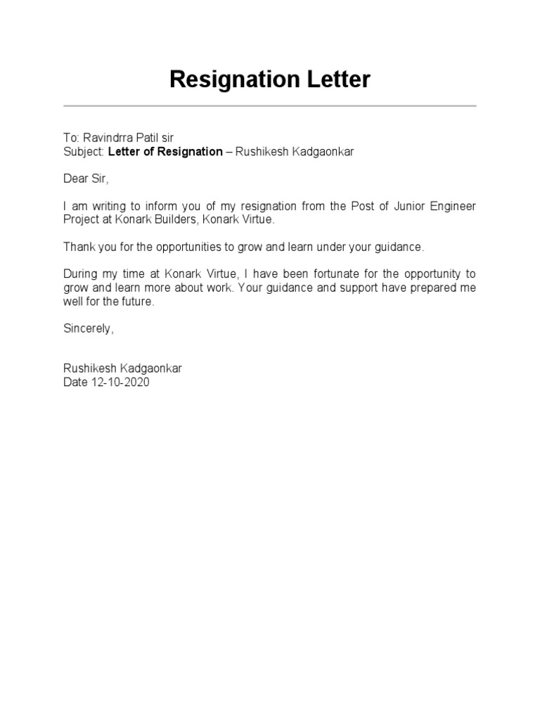 Junior Engineer Resignation Letter | PDF | Career & Growth