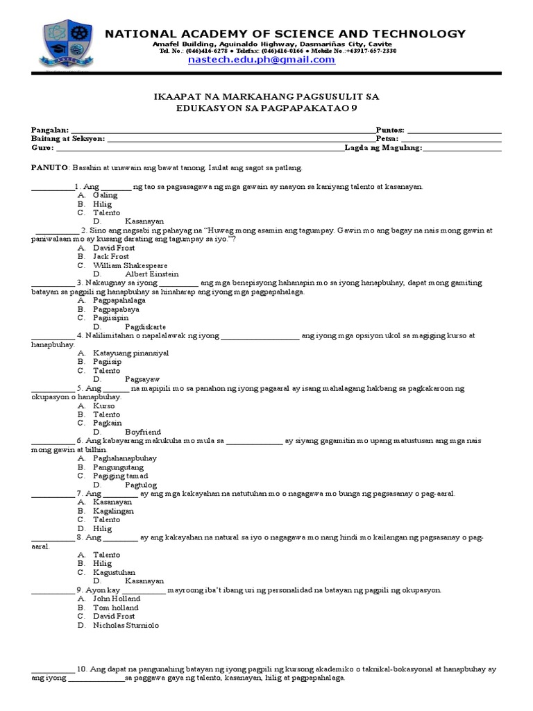 3rd Quarterly Exam in ESP 9 | PDF