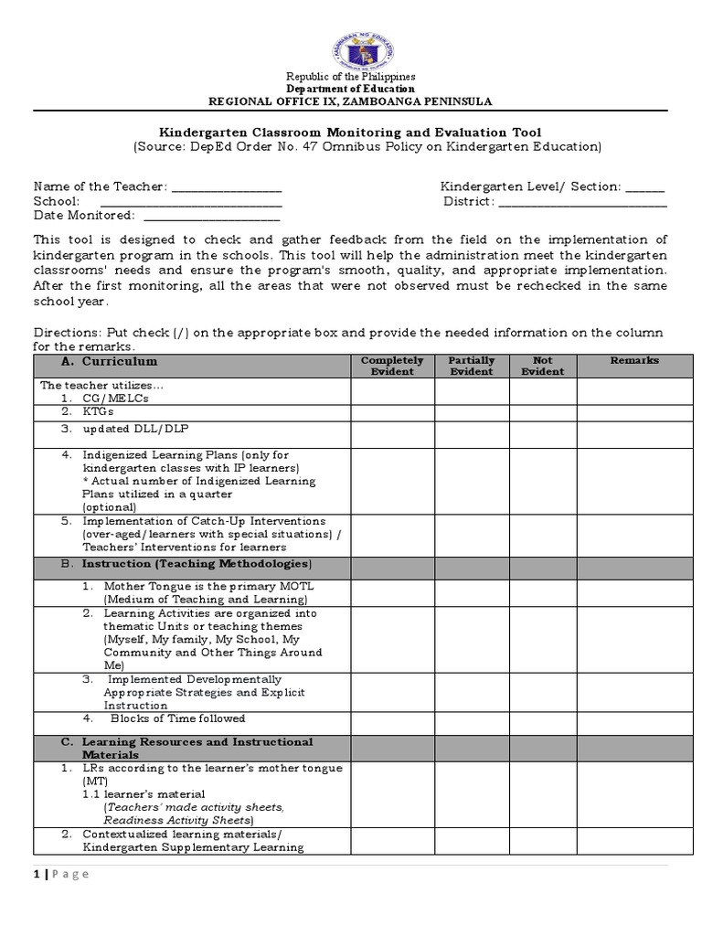 Kindergarten Tool Final | PDF | Teachers | Learning