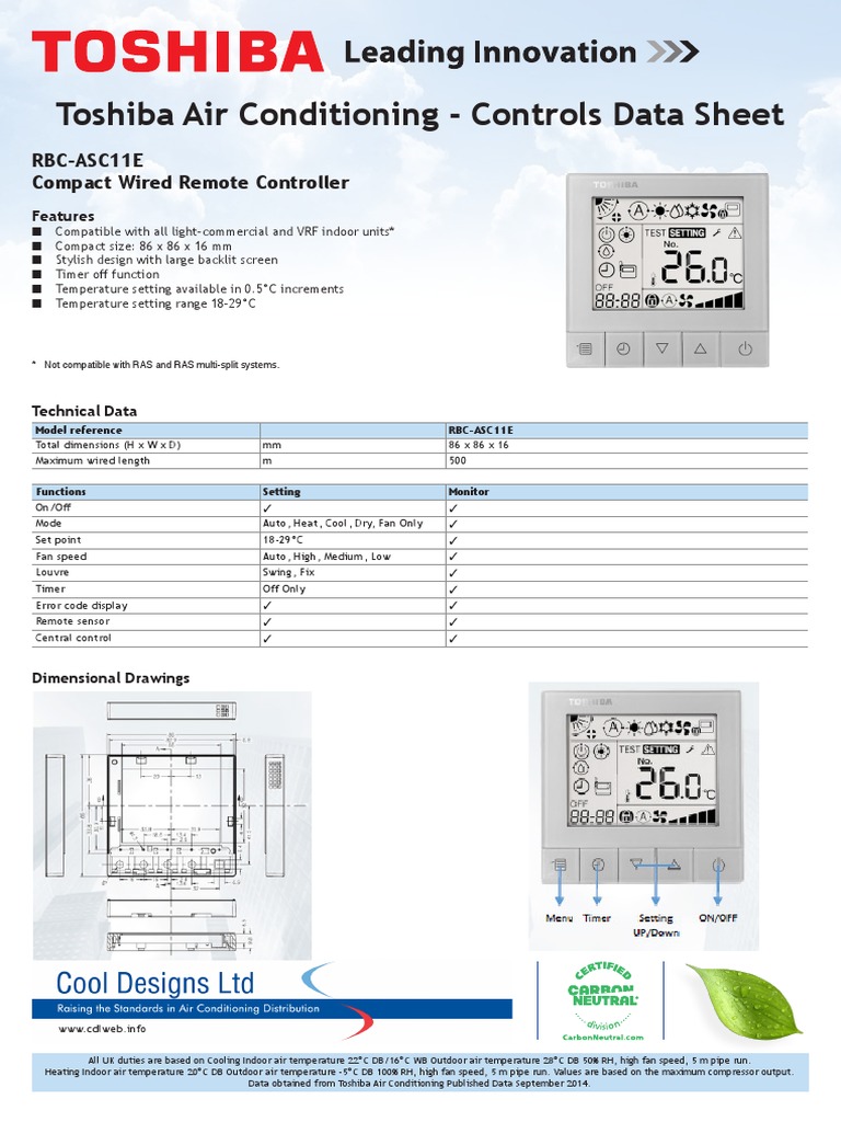 Compact Wired Remote Controller RBC ASC11E Data Sheet Single Page | PDF ...