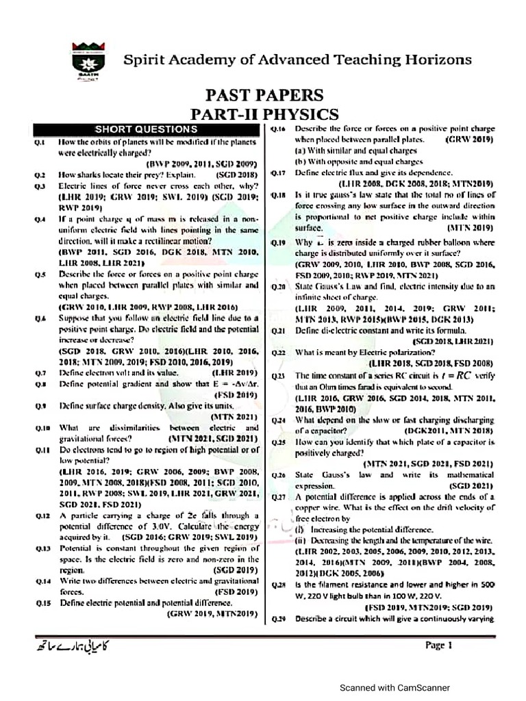 Physics Part II Past Papers Short and Long Questions | PDF