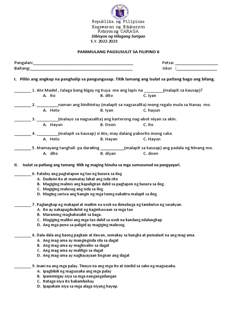 Pre-Test - Filipino 6 | PDF