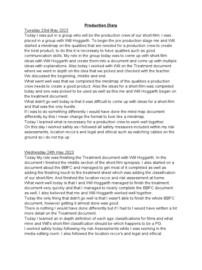 Film Production Diary | PDF