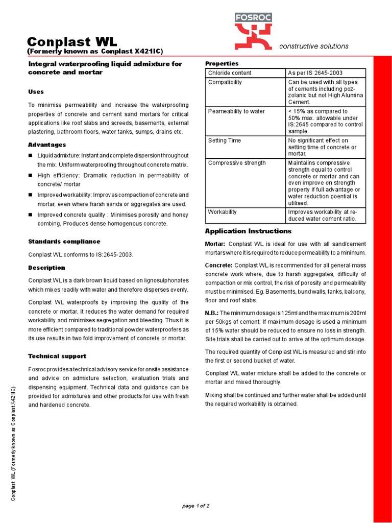 TDS Conplast WL India3 | Download Free PDF | Concrete | Mortar (Masonry)