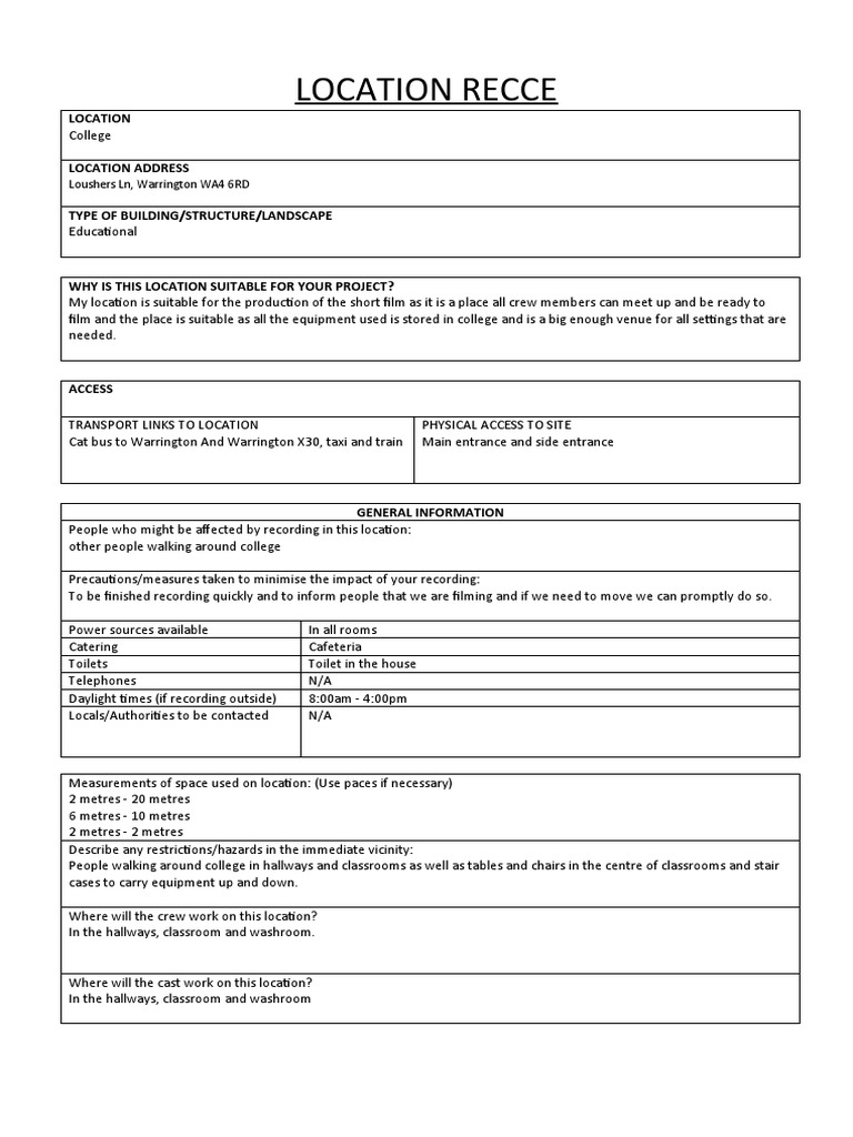 Location Recce Film | PDF | Classroom | Lighting