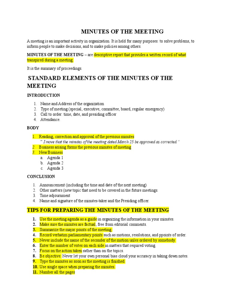 Minutes of The Meeting | Download Free PDF | Citation | Methodology