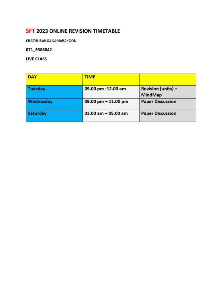 SFT 2023 Online Revision Timetable | PDF