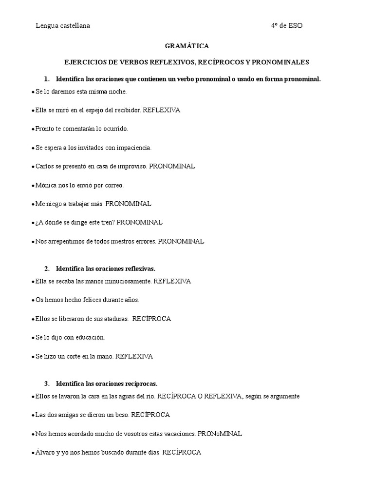Verbos Pronominales, Reflexivos y Recã Procos | PDF