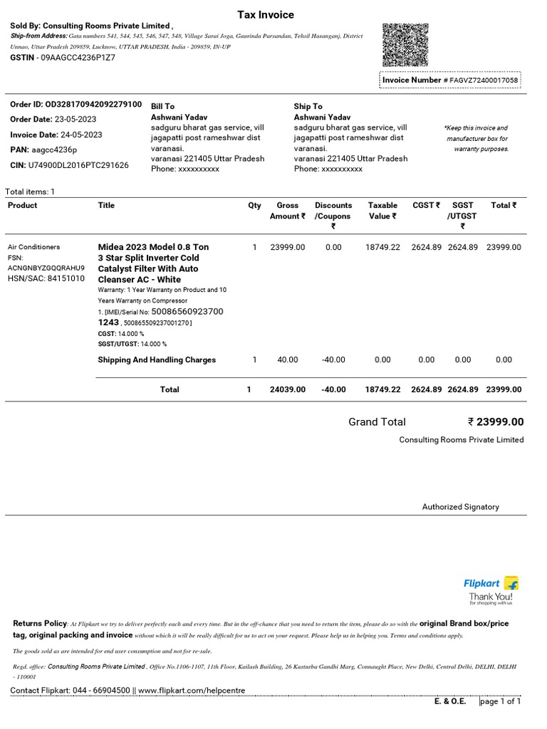 Invoice for Midea 0.8 Ton AC Purchase | PDF | Government Finances | Taxes