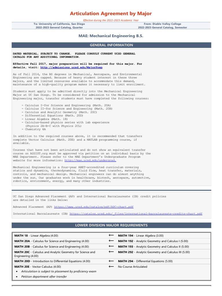 DIABLO To UCSD For 2022-2023 by MAE Mechanical Engineering B.S. | PDF ...