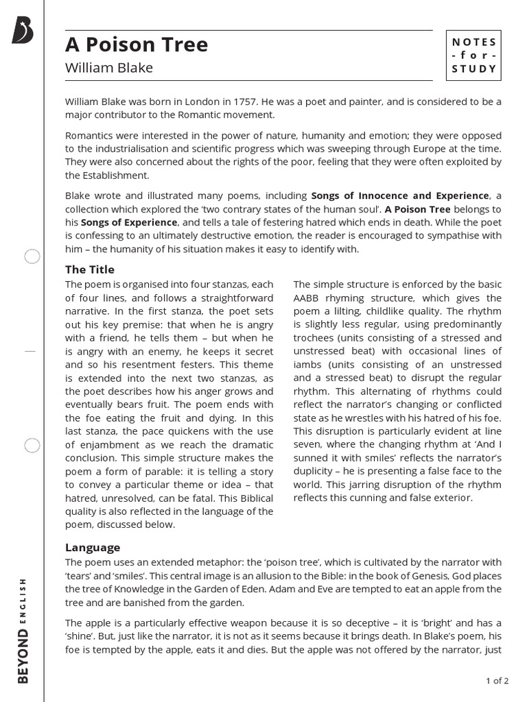 GCSE Poetry Notes For Study - A Poison Tree | PDF | Poetry | William Blake
