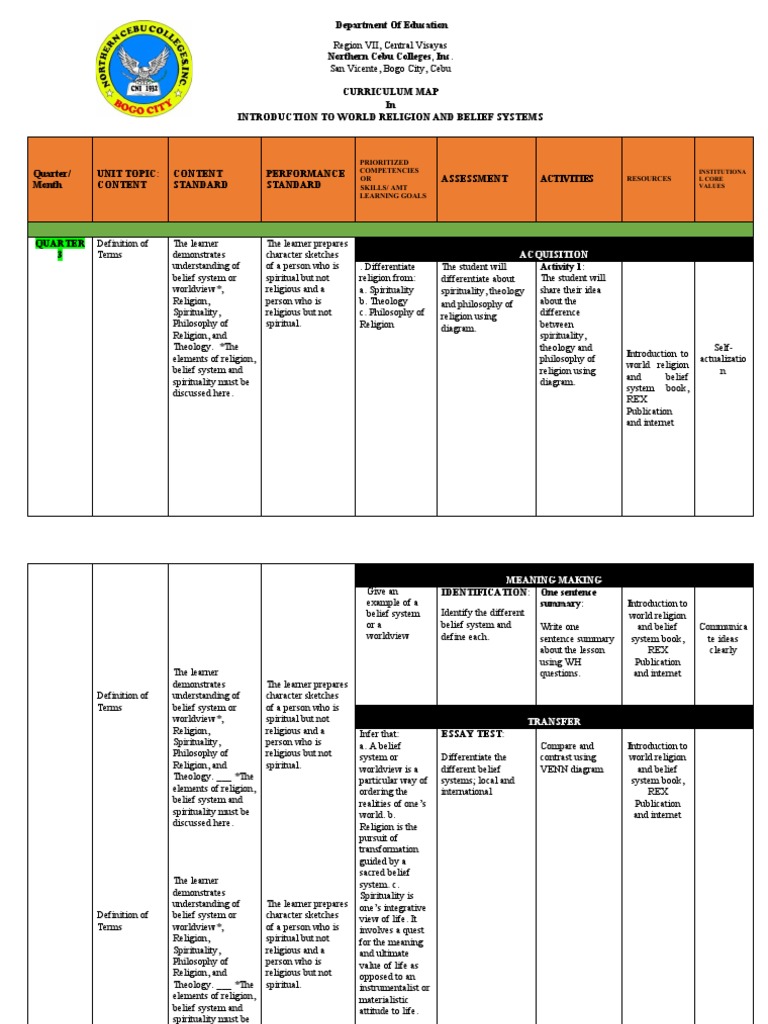Curriculum Map Introduction To World Religion and Belief System | PDF ...