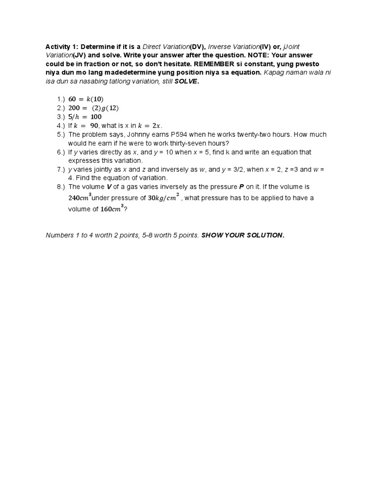 Activity 1 Determine If It Is A Direct Variation Dv Inverse