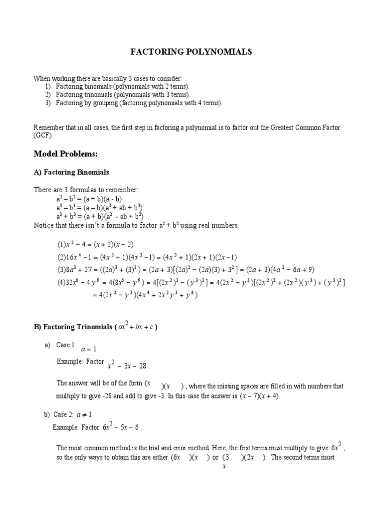 Remedial 1 Factoring Polynomials | PDF | Factorization | Elementary Mathematics