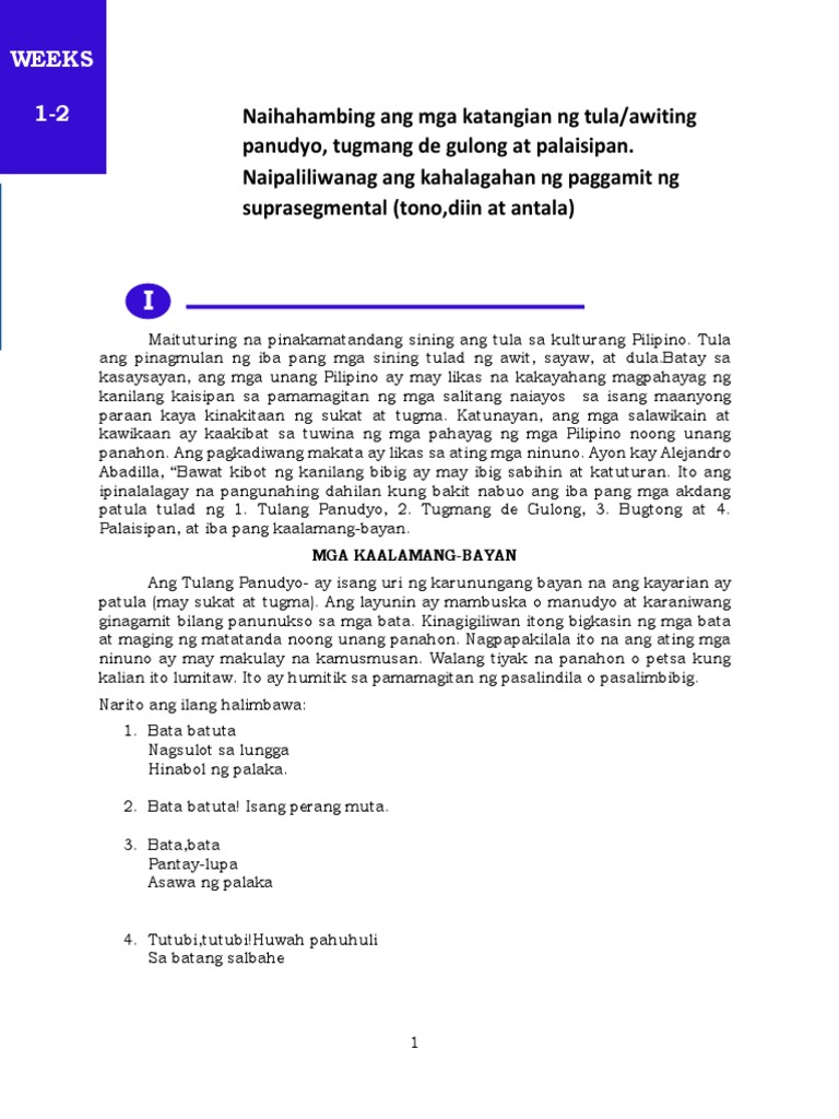FILIPINO 7 Week 1 2 | PDF