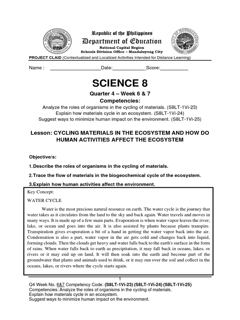 Week 7 Cycling Materials in The Ecosystem and How Do Human Activities Affect The Ecosystem 1 ...