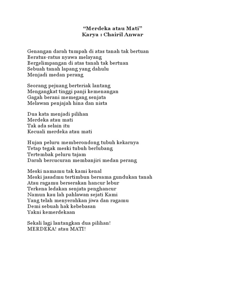 Puisi "Merdeka atau Mati" Chairil Anwar | PDF | Sejarah | Puisi