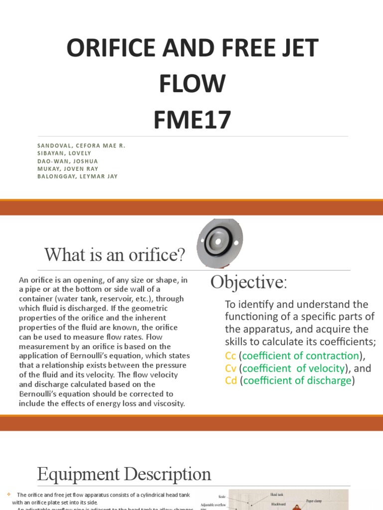 ORIFICE AND FREE JET FLOW FME17 Group7 | PDF | Fluid Dynamics | Fluid Mechanics
