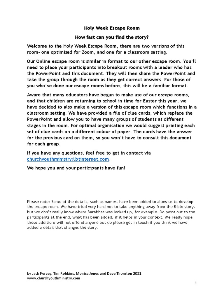 Holy Week Escape Room Leaders' Notes | PDF | Microsoft Power Point | Jesus