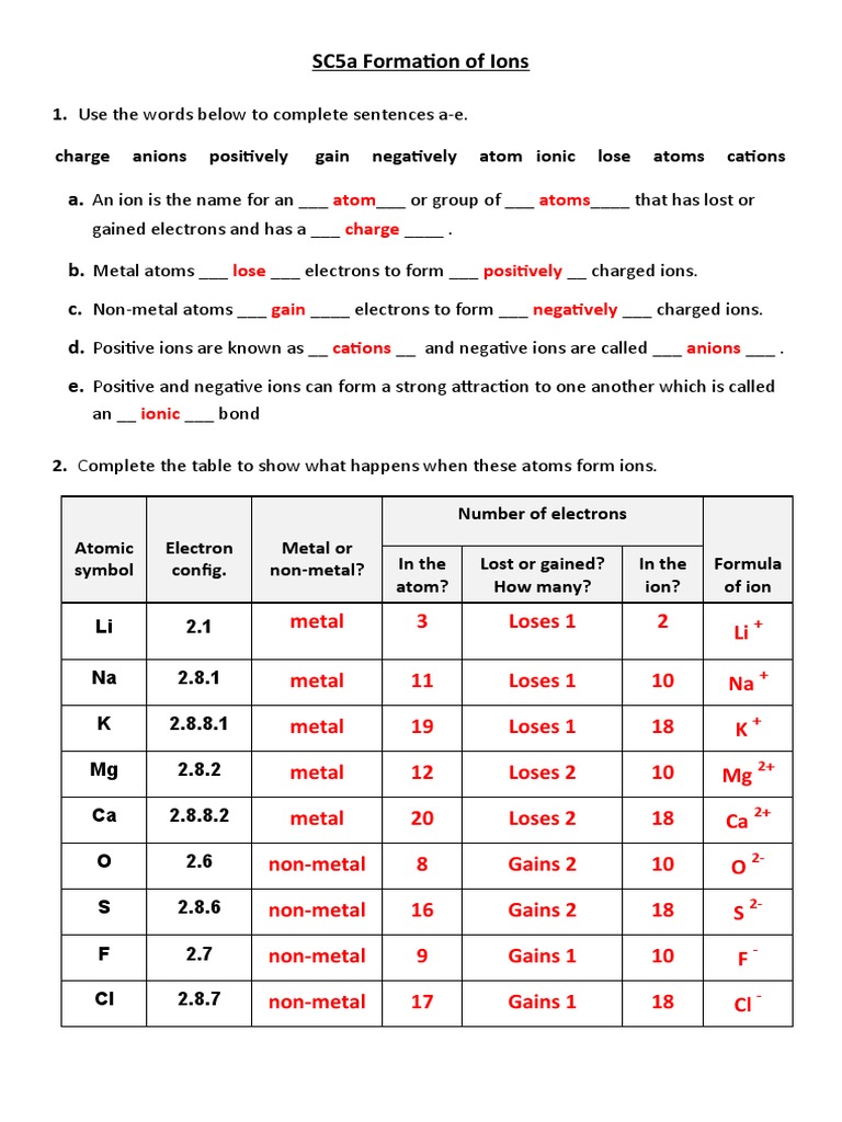 SC5a Ionic-Bonding-Worksheet Answers | PDF | Ion | Ionic Bonding