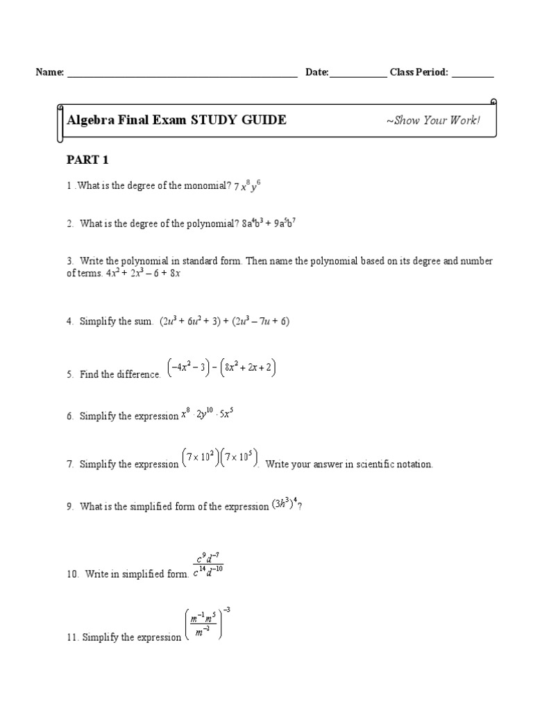 Algebra Final Exam Study Guide + Answer Key | PDF | Factorization | Quadratic Equation