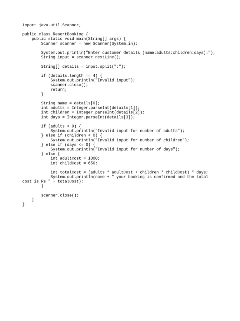 Resort Booking Java Code | PDF
