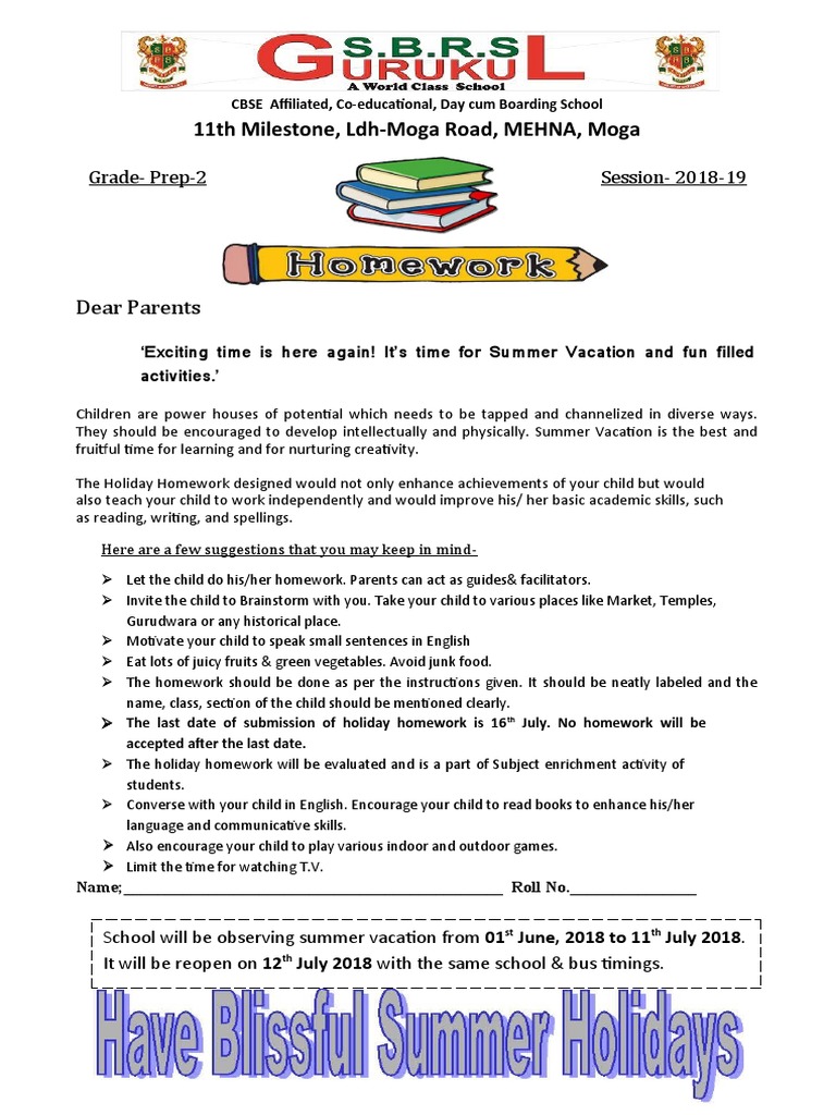 Summer Vacation Homework Guidelines | PDF | Homework | Learning