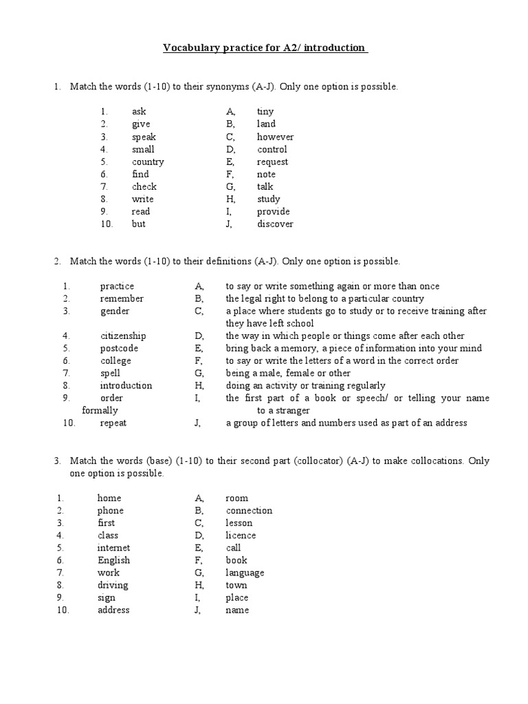 Vocabulary Practice A2-Introduction | PDF