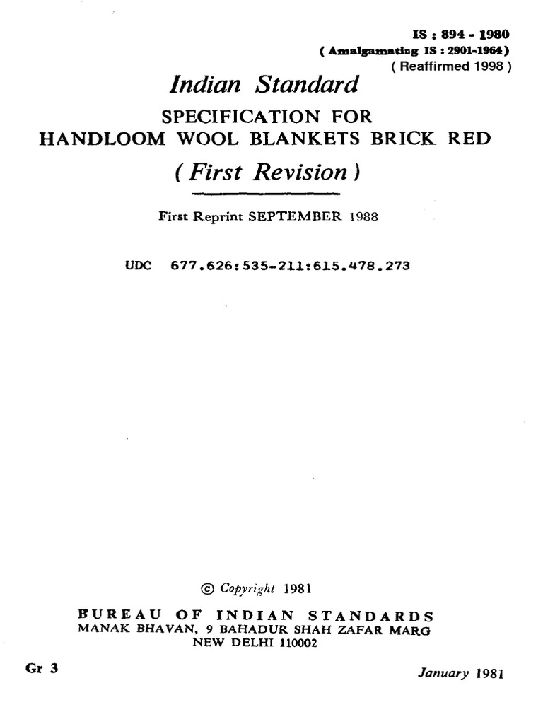 Indian Standard: Specification FOR Handloom Wool Blankets Brick Red ...