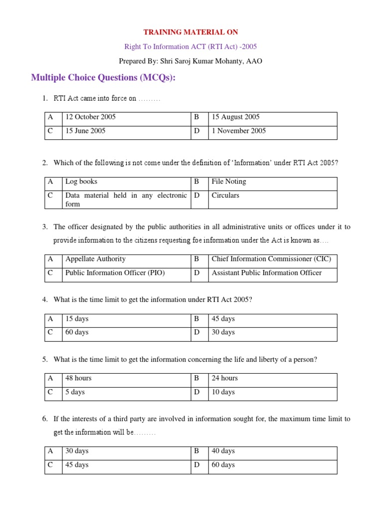 MCQ - Rti Act 2005 | Download Free PDF | Justice | Crime & Violence