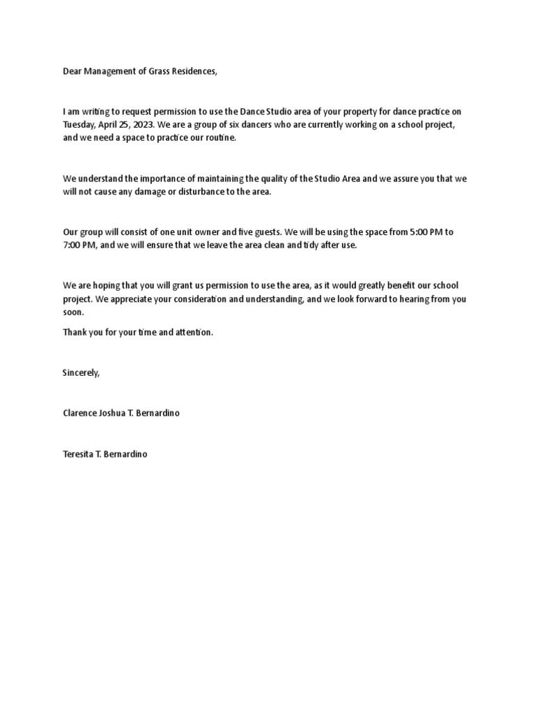 Request for Dance Studio Permission | PDF