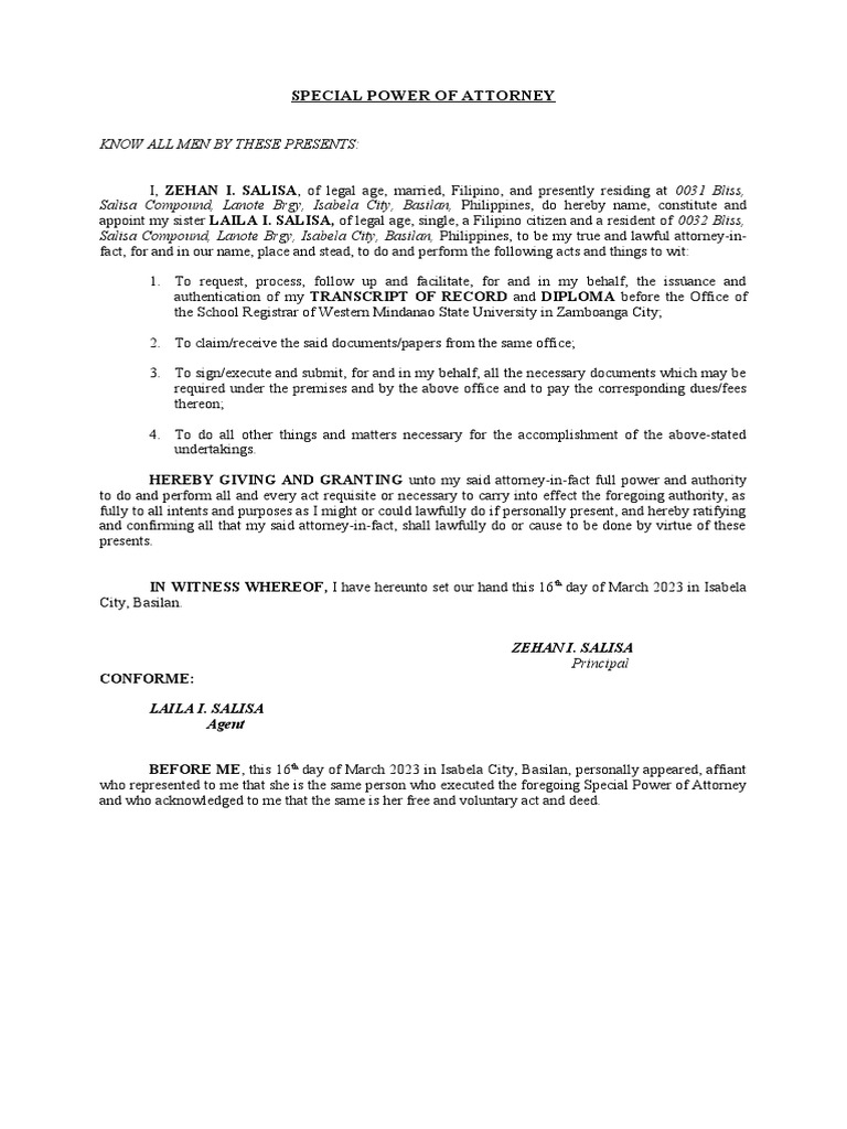 SPECIAL POWER OF ATTORNEY (My TOR) | PDF